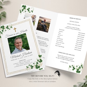 Funeral Program Template With Shamrocks, Editable Irish Memorial ...