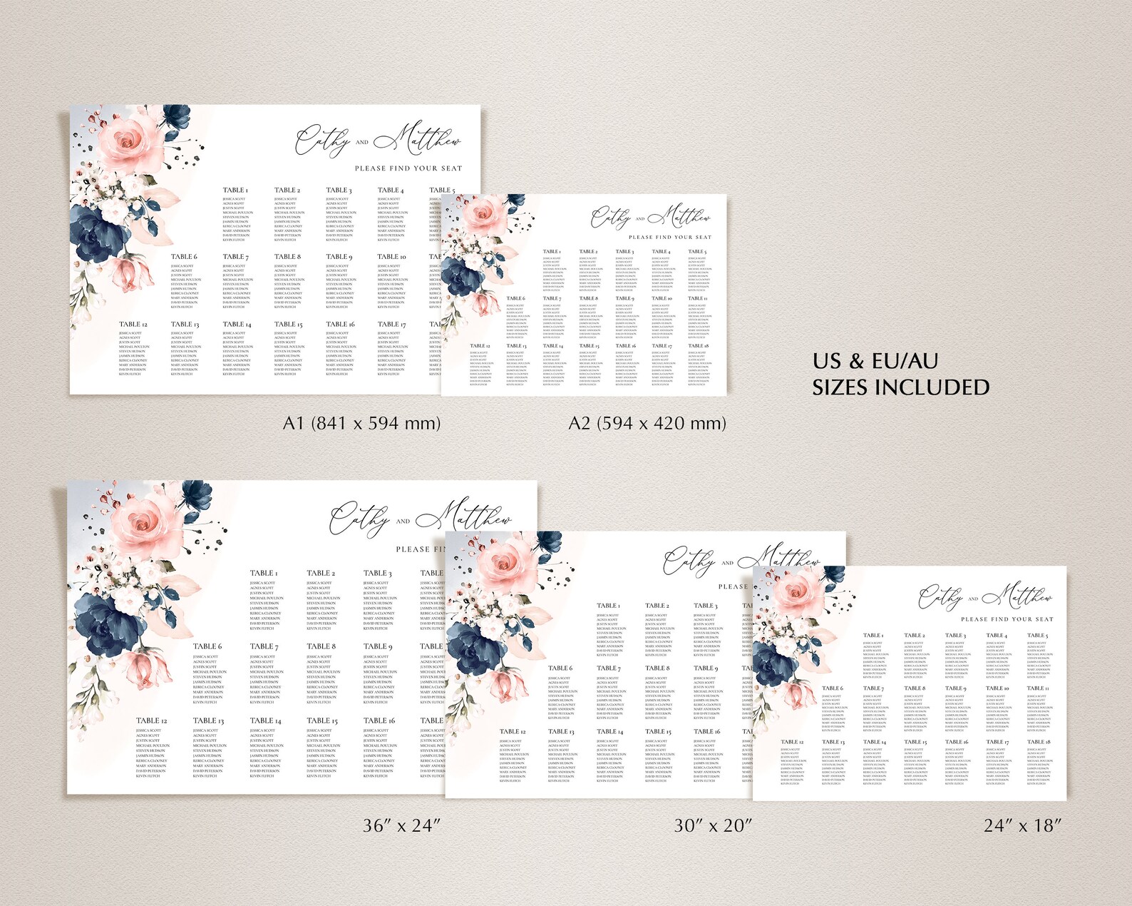 Navy Blue and Blush Pink Seating Chart Template INSTANT | Etsy