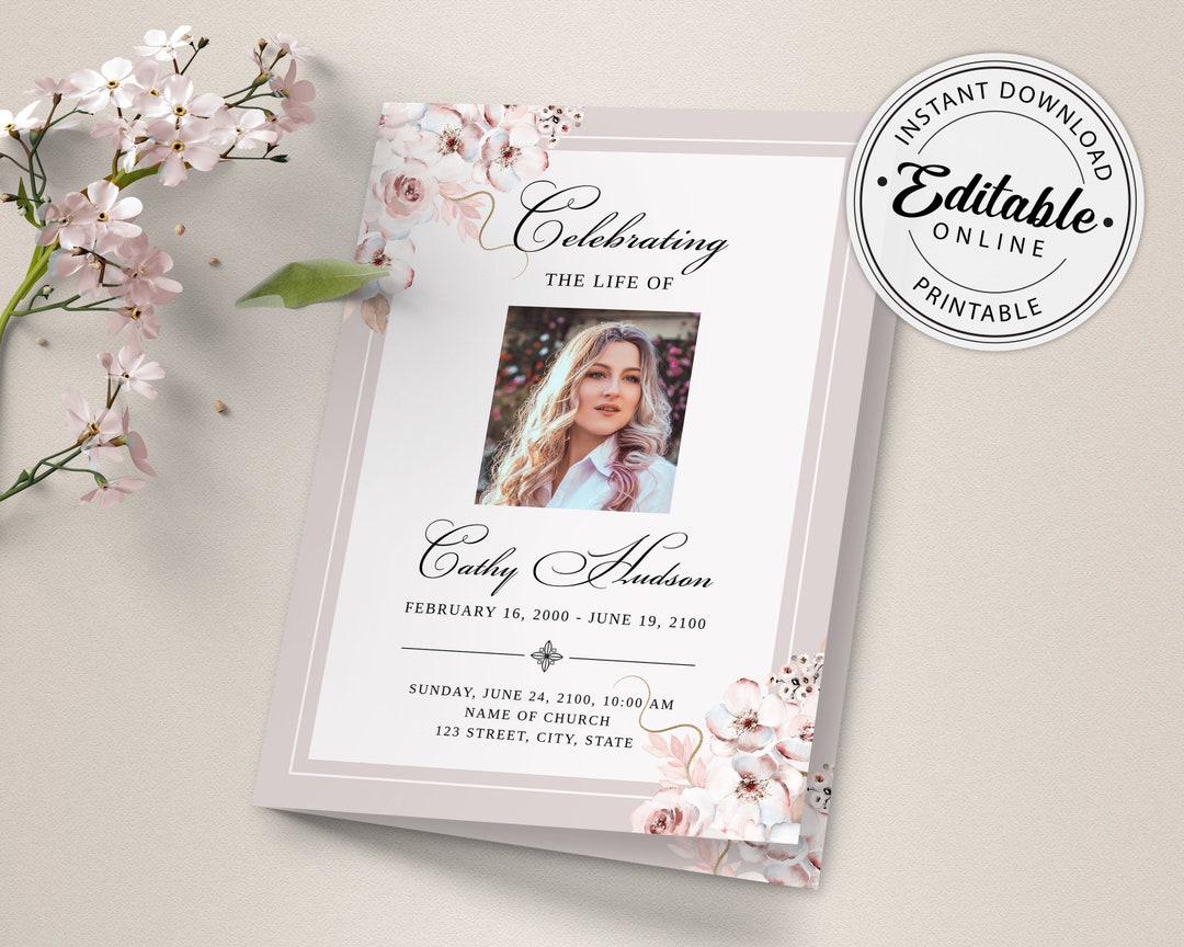 Light Pink Funeral Program Template, Memorial Program Template, Order ...