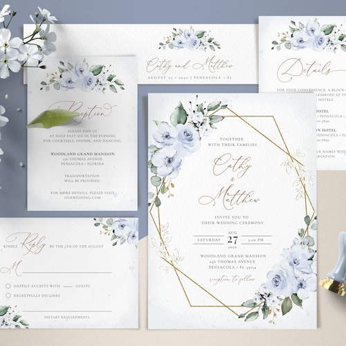 Dusty Blue Wedding Invitation Template Blue Wedding - Etsy