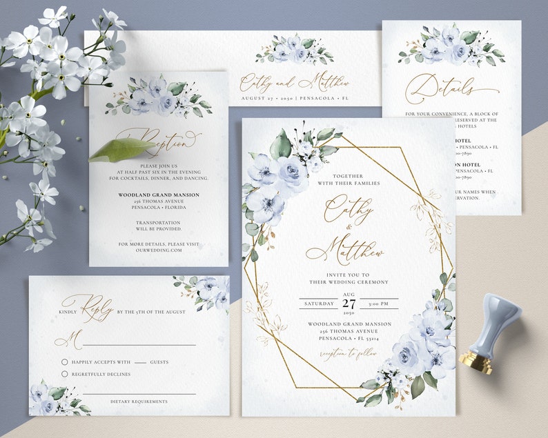 Dusty Blue Wedding Invitation Template Set Wedding Invite - Etsy