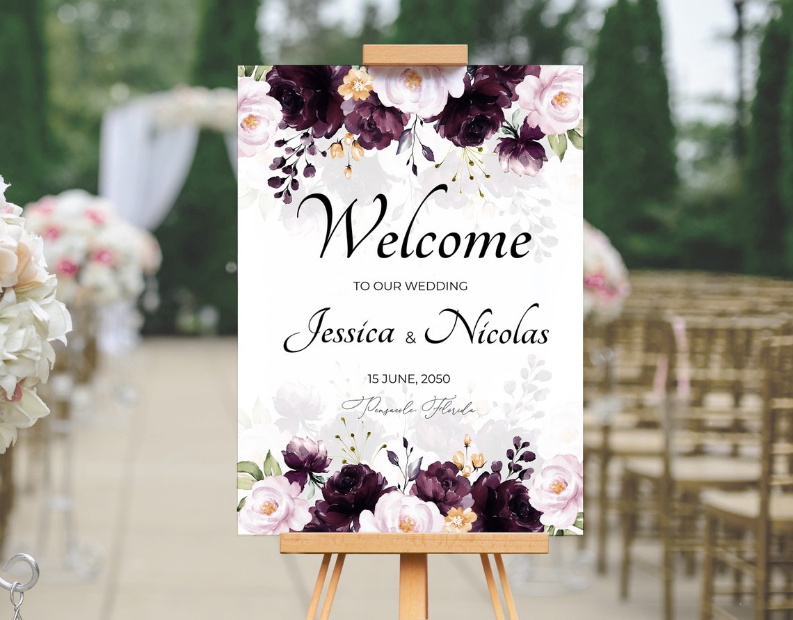 Purple Wedding Welcome Sign Template Floral Dark Plum Wedding - Etsy