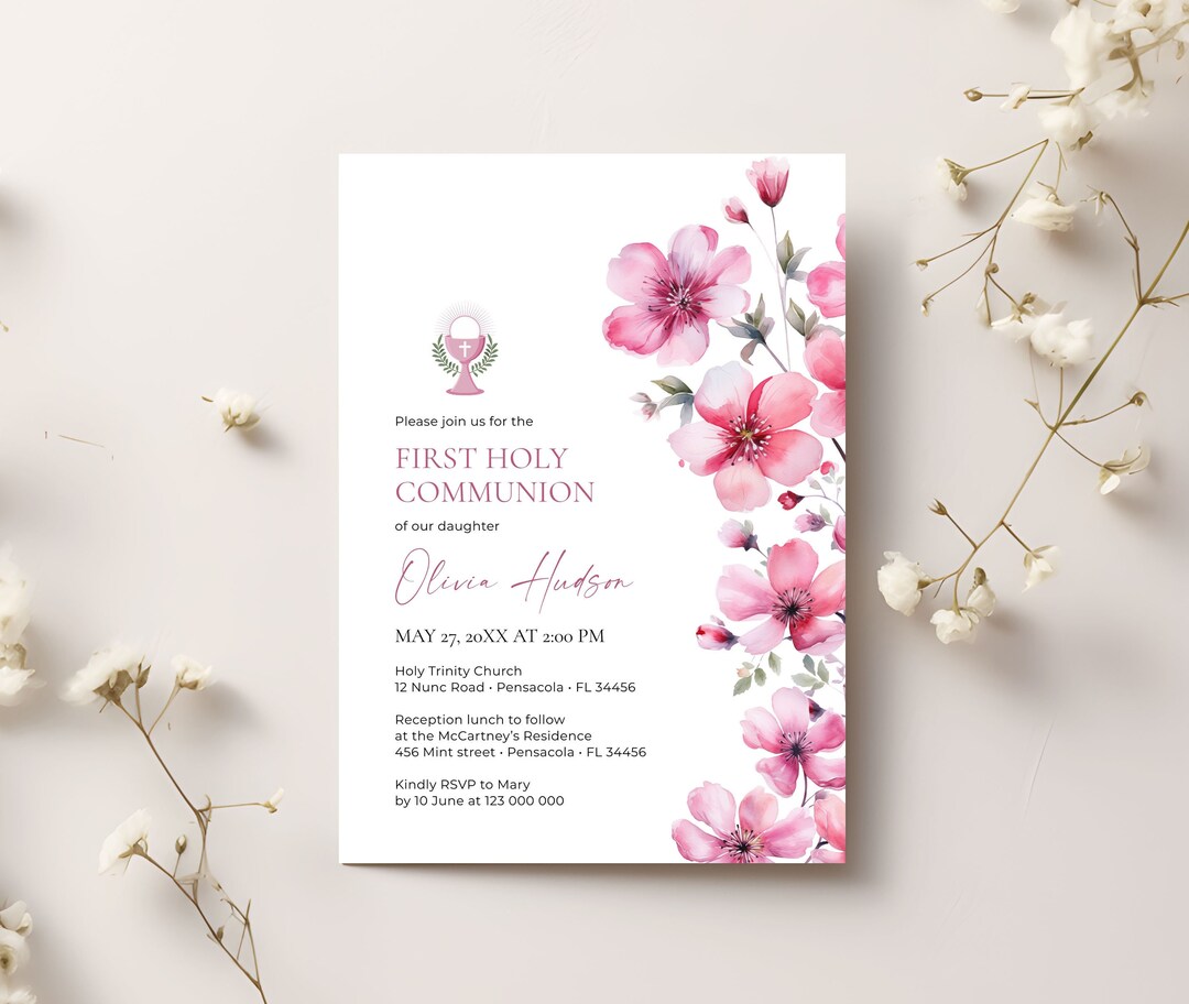 Hot Pink First Holy Communion Invitation Template, Cherry Blossom ...