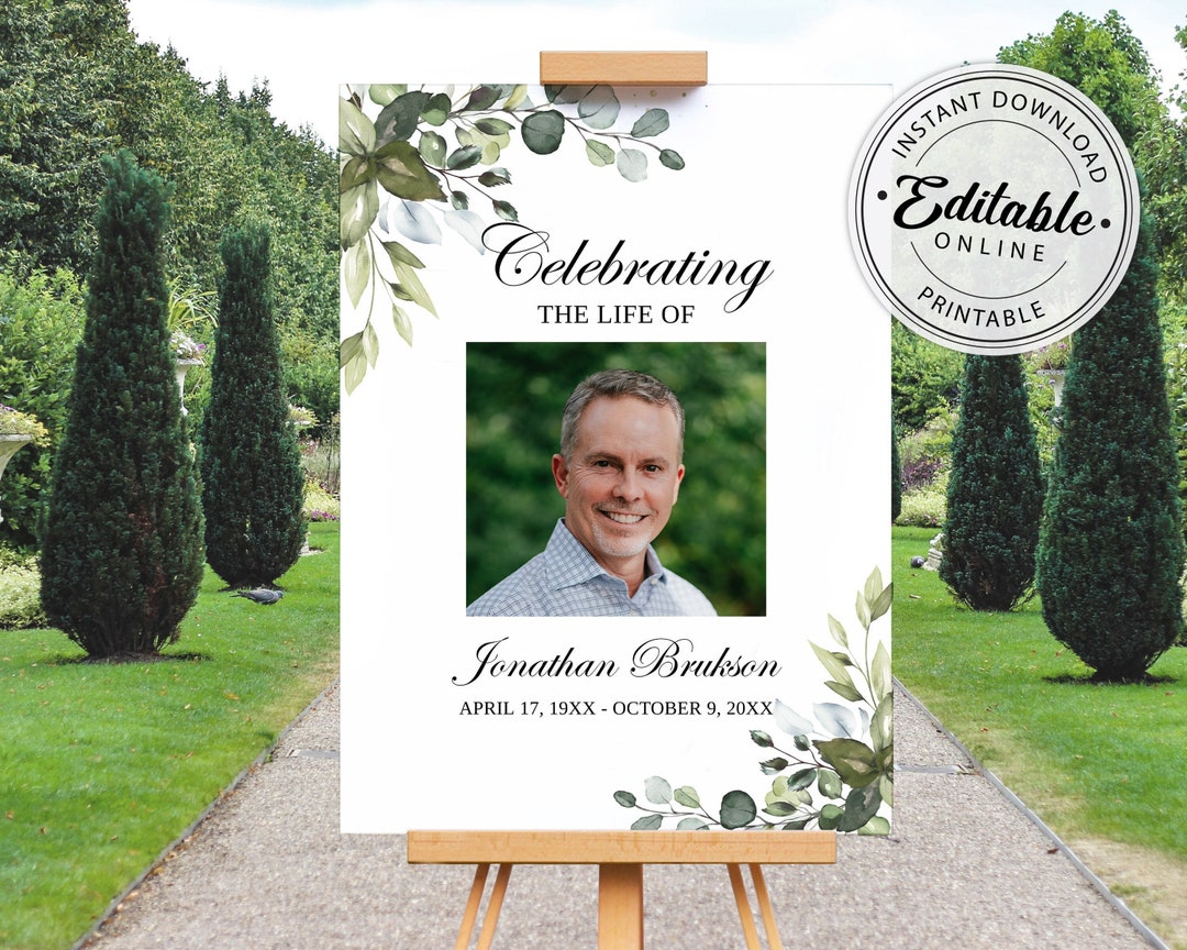 Greenery Editable Funeral Welcome Sign Template, Printable Celebration ...