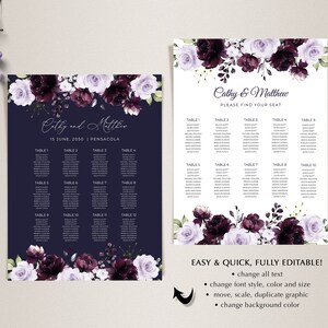 Purple Wedding Seating Chart Template, Dark Plum and Lavender Wedding ...