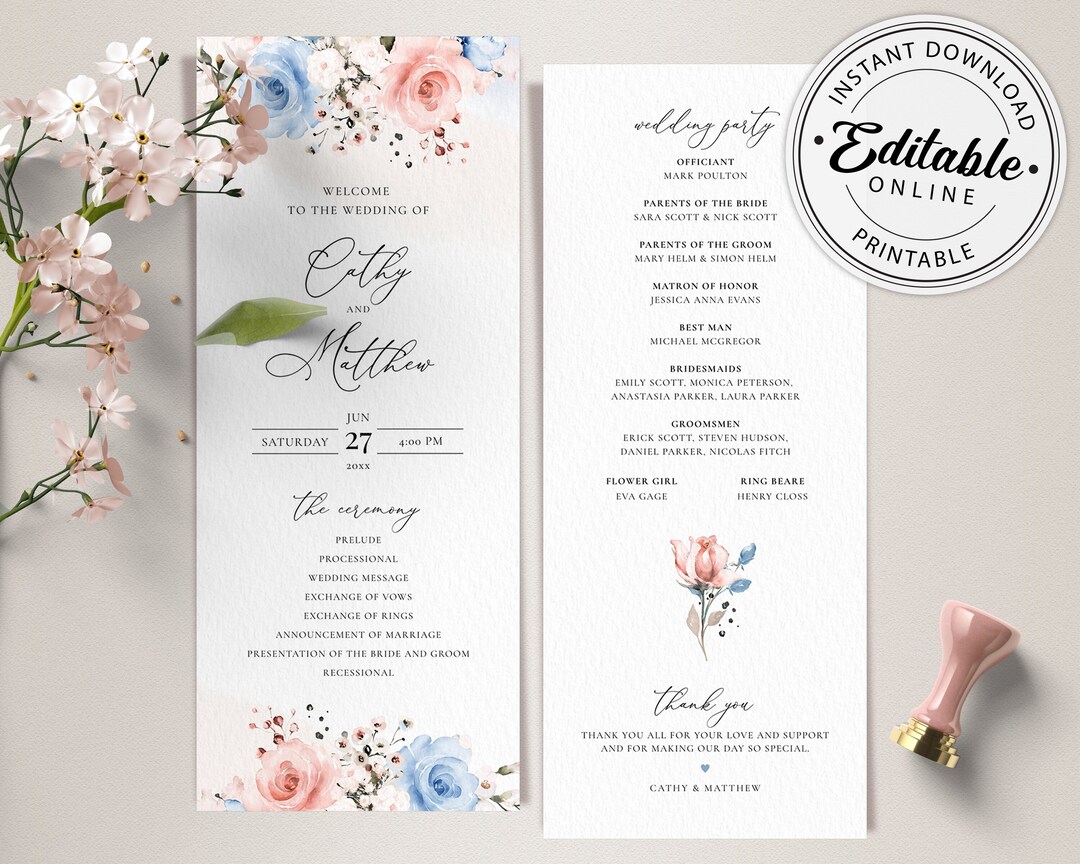 Dusty Blue and Blush Pink Wedding Program Template, Floral Wedding ...