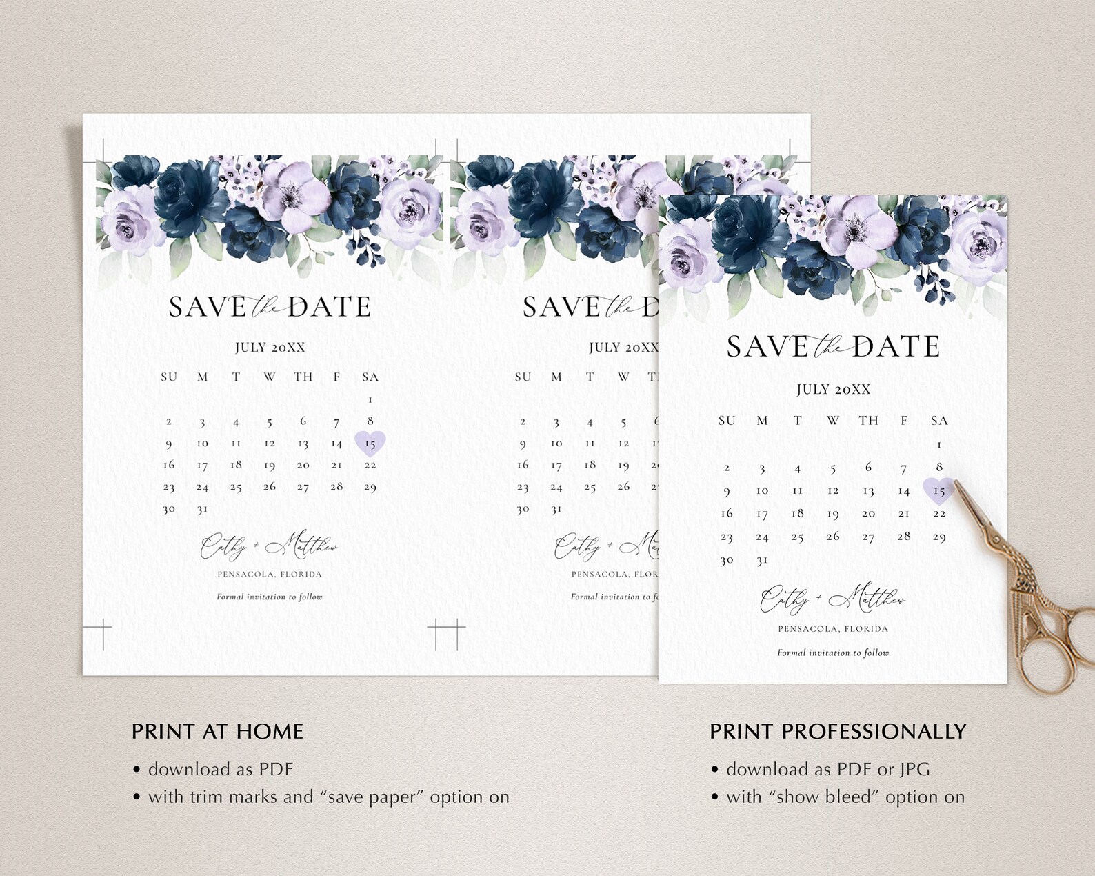 Lavender and Navy Blue Calendar Wedding Save the Date Template INSTANT ...