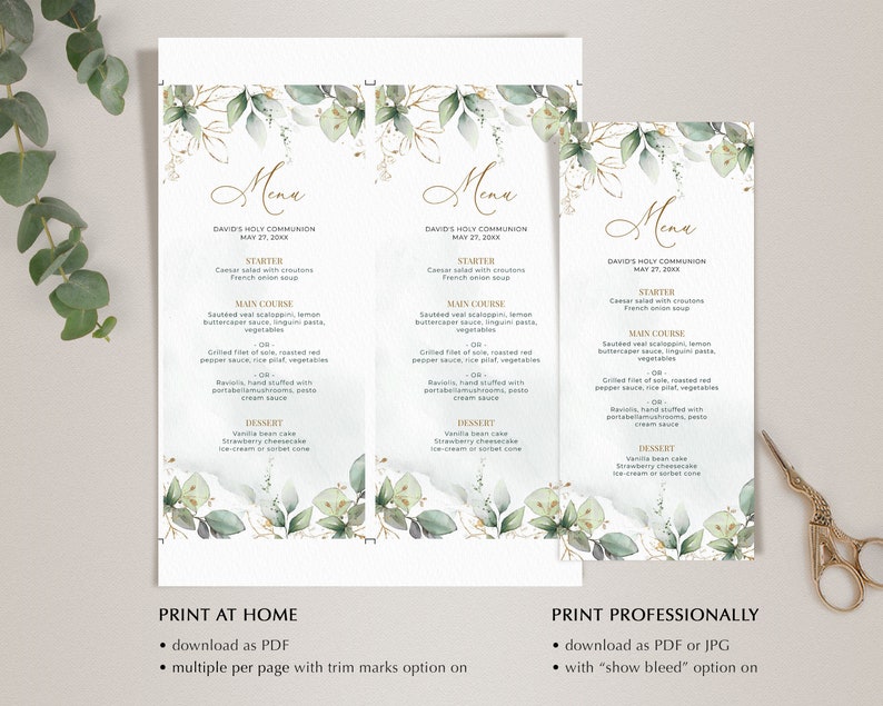 Greenery Menu Template (wedding, Bridal Shower, Dinner, Brunch ...