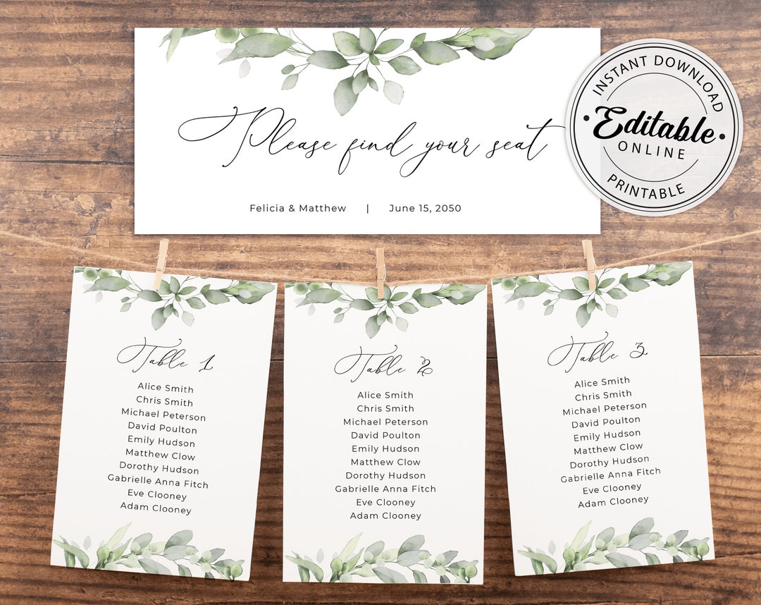 Greenery Wedding Seating Table Cards Find Your Table Seat - Etsy