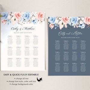 Blue and Blush Pink Seating Chart Template, Printable Table Plan ...