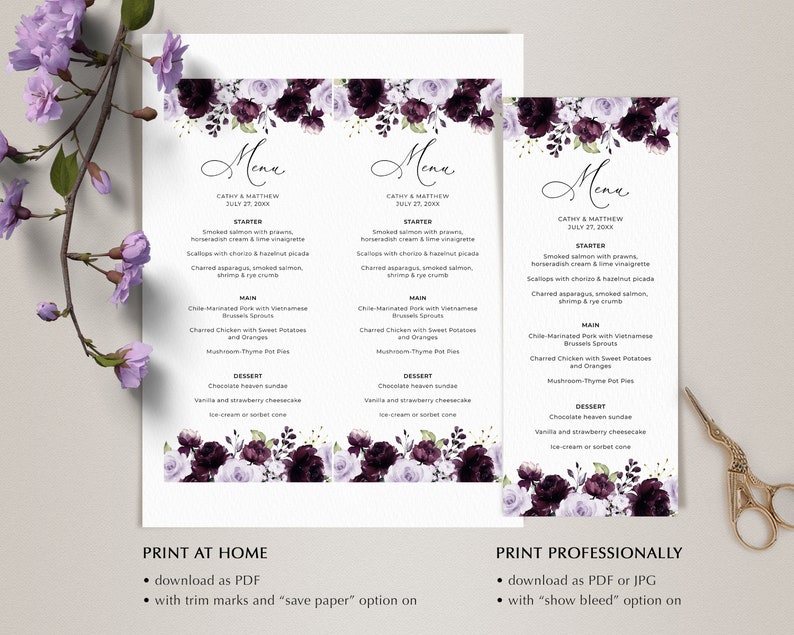 Purple Menu Template (wedding, Bridal Shower, Dinner, Brunch) • INSTANT ...