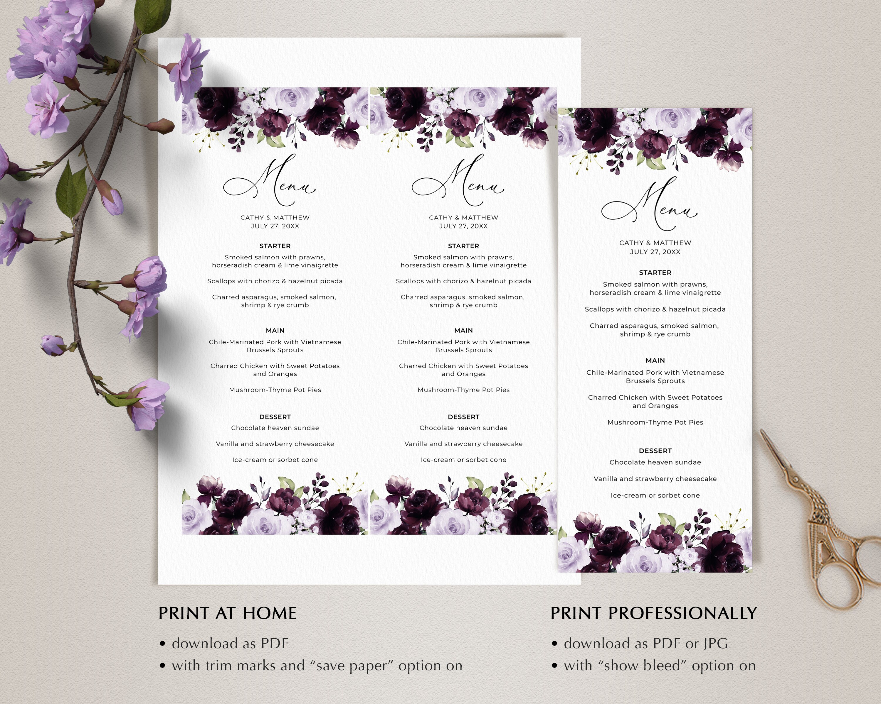 Purple Menu Template wedding Bridal Shower Dinner Brunch - Etsy UK