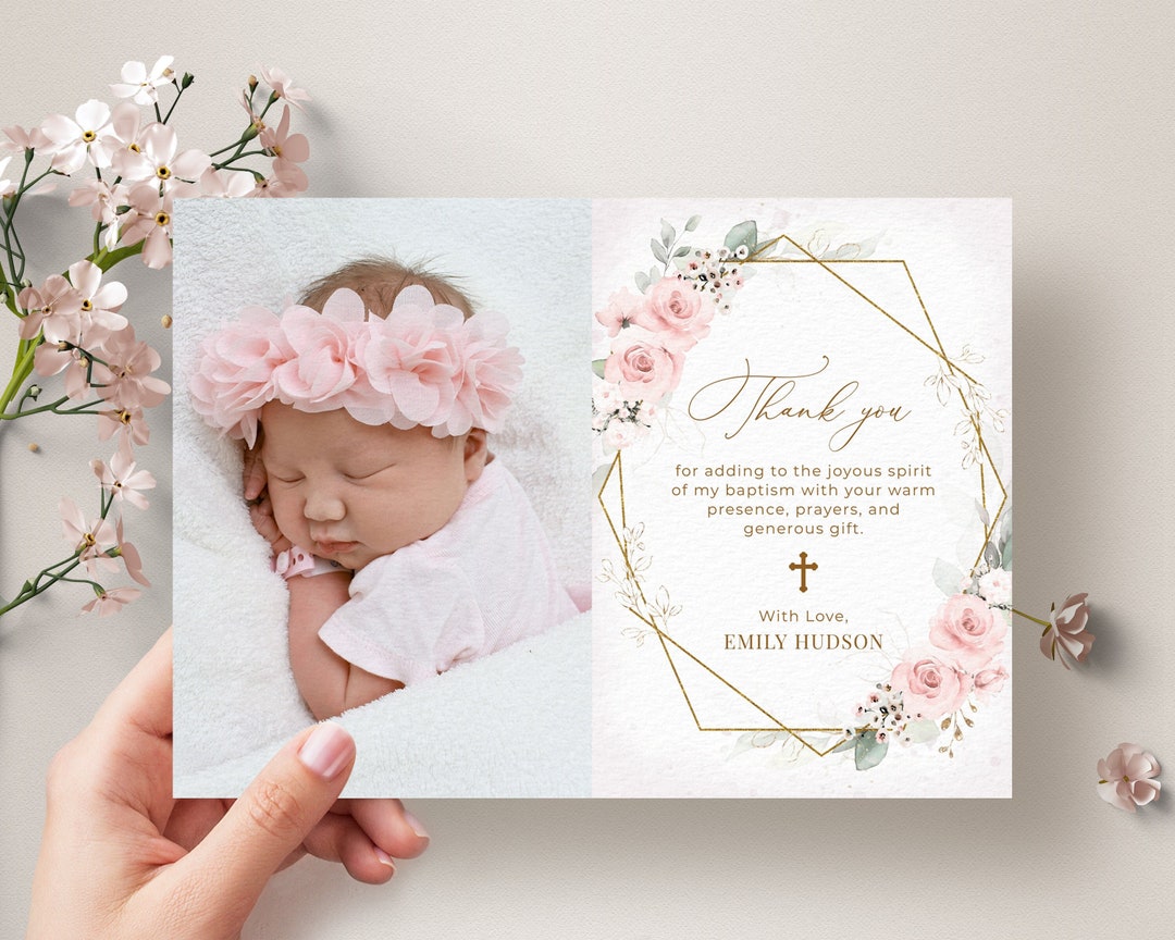 Baptism Thank You Card Template With Pink Roses, Thank You Note ...