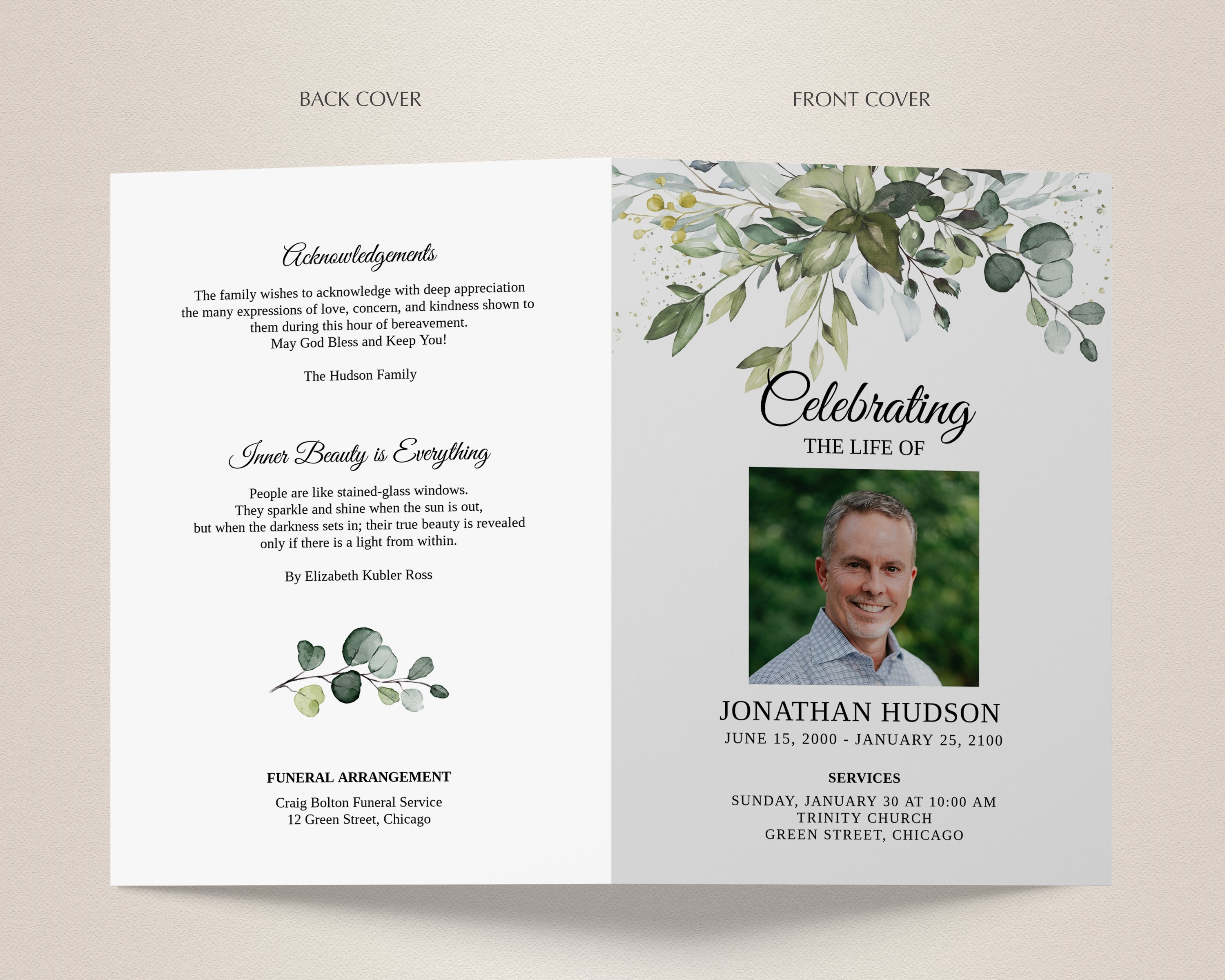 Greenery Funeral Program Template, Editable Memorial Service (digital ...