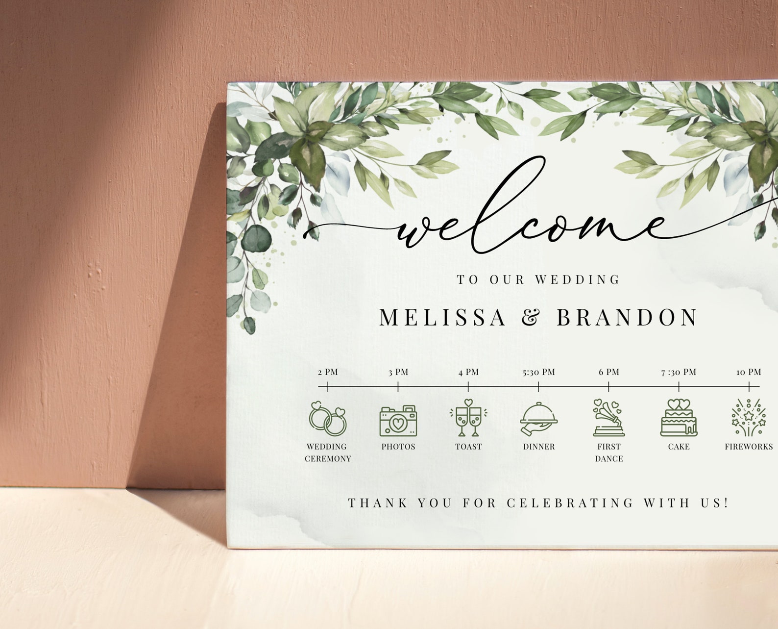 Greenery Wedding Timeline Sign Template Wedding Day Schedule | Etsy