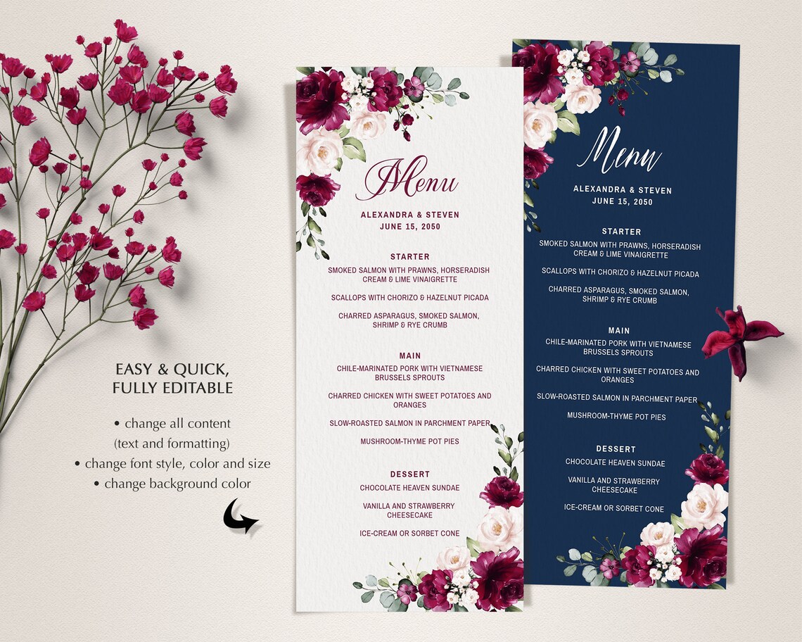 Boho Menu Template With Burgundy Roses wedding Bridal | Etsy
