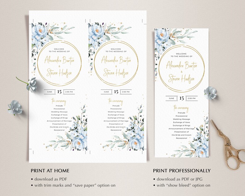 Blue Wedding Program Template Printable Floral Wedding | Etsy