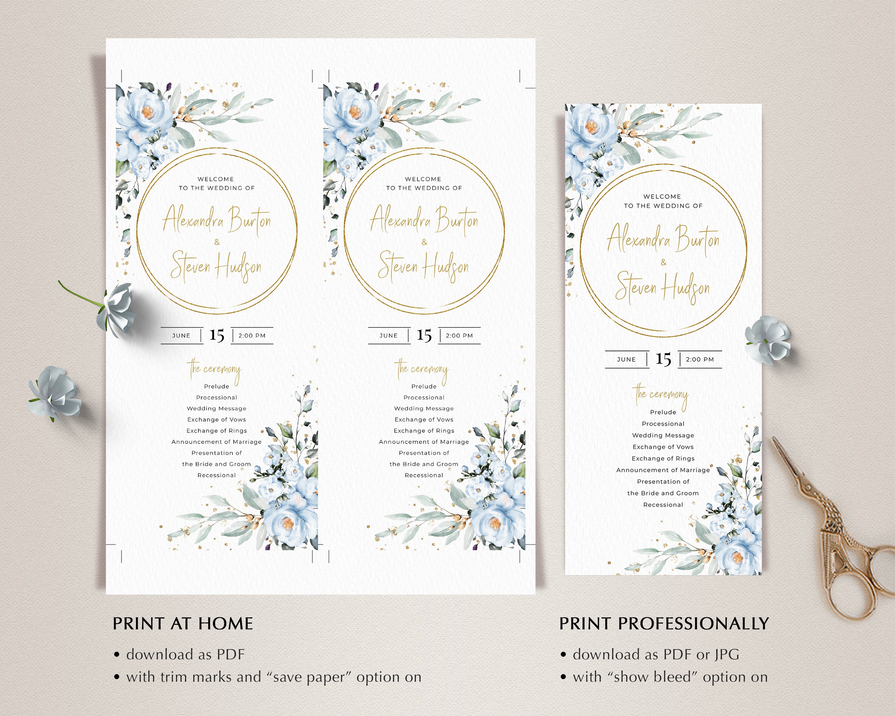 Blue Wedding Program Template Printable Floral Wedding | Etsy Canada