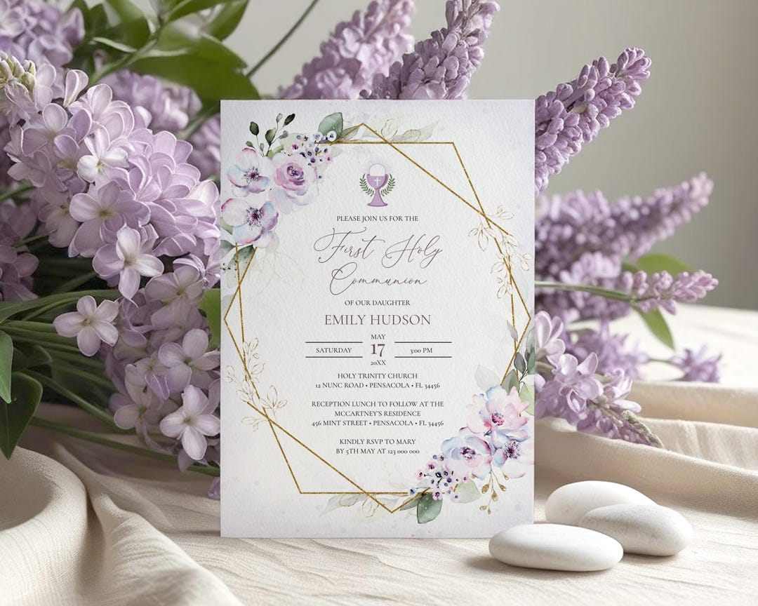 Lavender First Holy Communion Invitation Template • INSTANT DOWNLOAD ...
