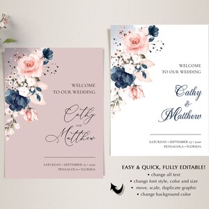 Navy Blue and Blush Pink Welcome Sign Template • INSTANT DOWNLOAD ...
