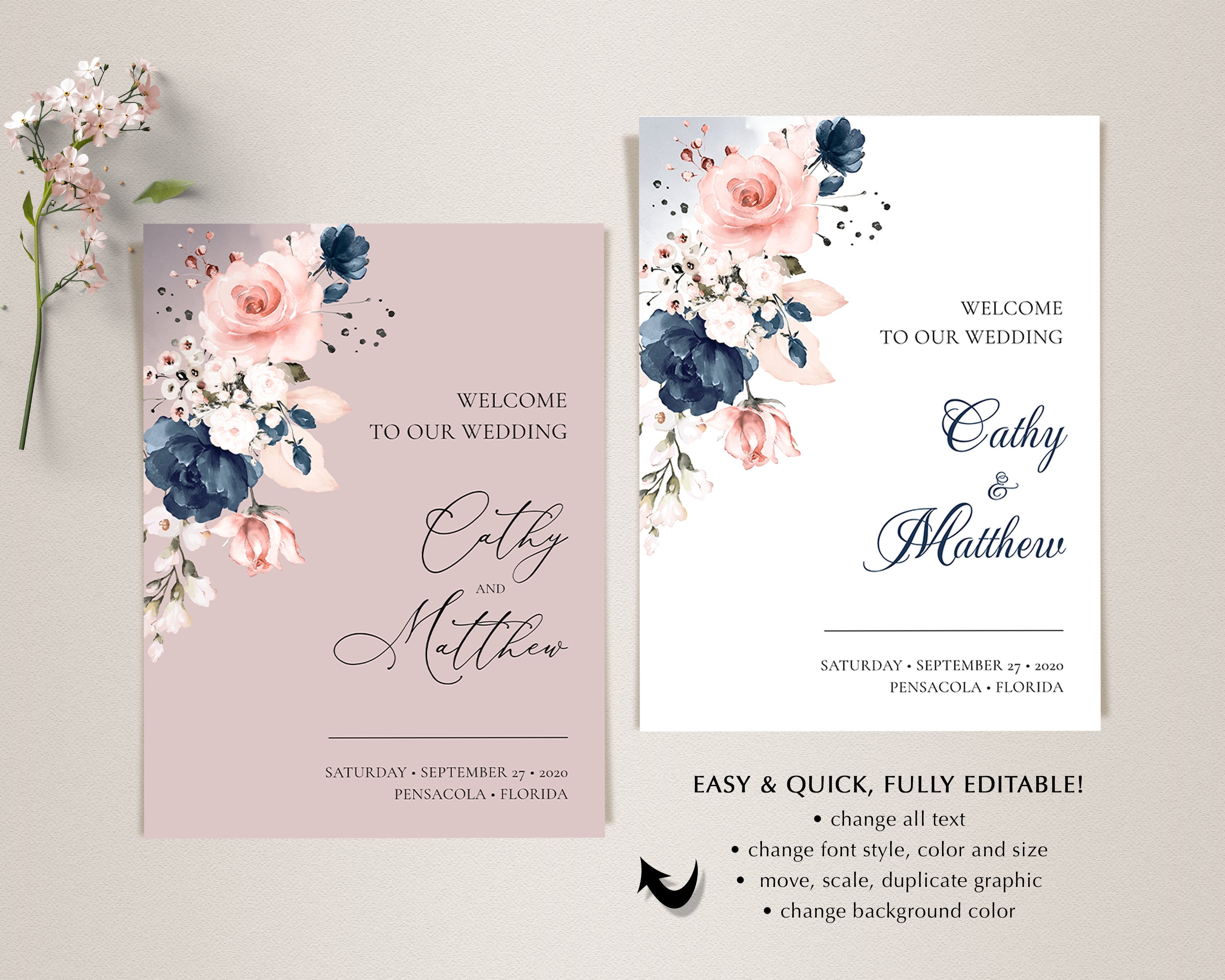 Navy Blue and Blush Pink Welcome Sign Template • INSTANT DOWNLOAD ...