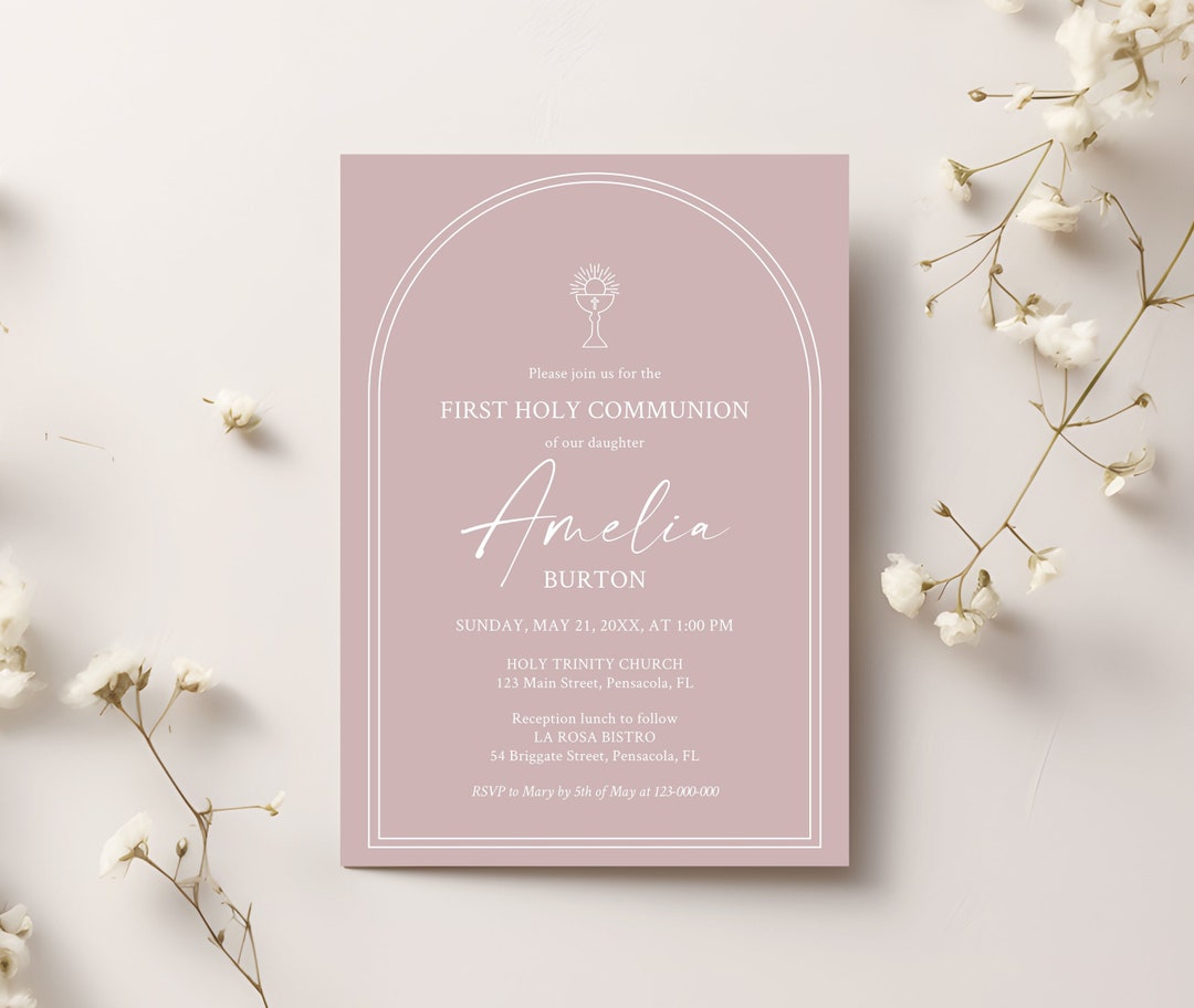 Dusty Pink First Holy Communion Invitation Template • INSTANT DOWNLOAD ...