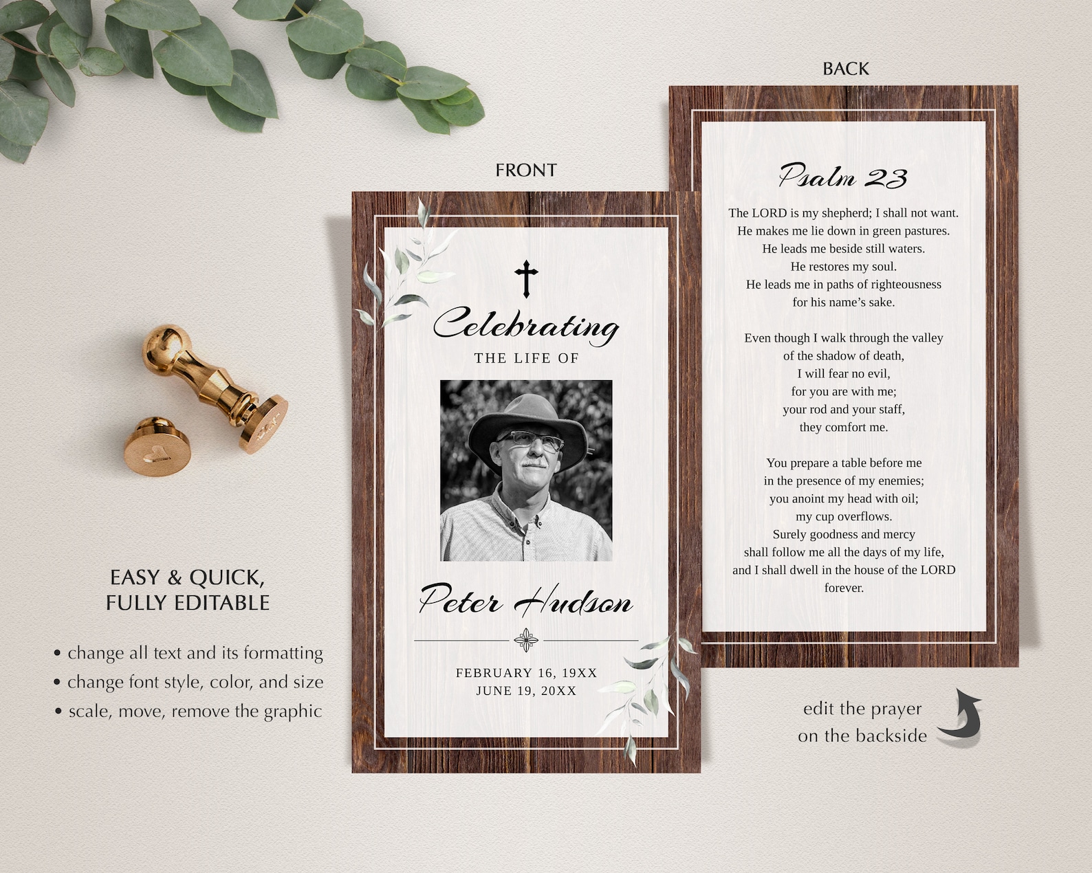 Rustic Funeral Prayer Card Template (editable, Printable Digital ...
