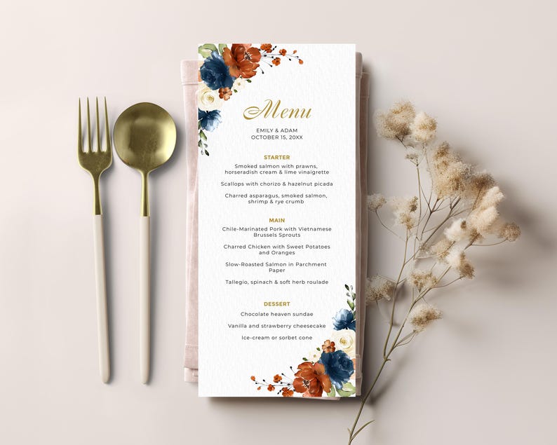 Terracotta, Navy Blue, and Ivory Floral Menu Template (digital Download ...