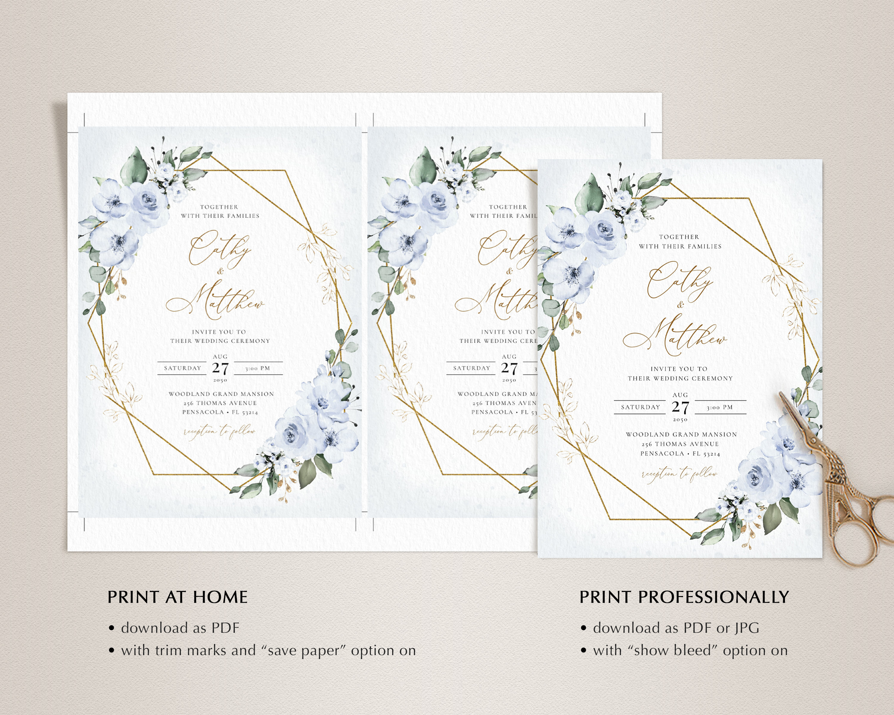 Dusty Blue Wedding Invitation Template Set Wedding Invite | Etsy