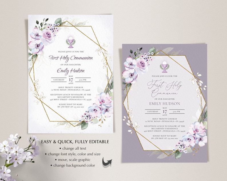 Lavender First Holy Communion Invitation Template • INSTANT DOWNLOAD ...