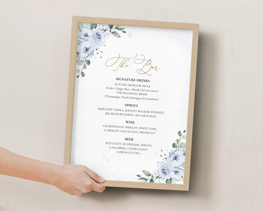 Blue Bar Menu Template (wedding, Bridal Shower, Dinner, Brunch, Baptism ...