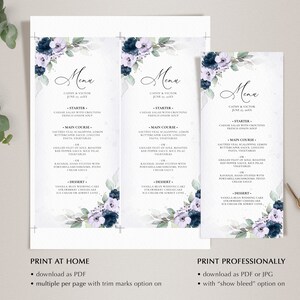 Navy Blue and Lavender Menu Template (wedding, Bridal Shower, Dinner ...