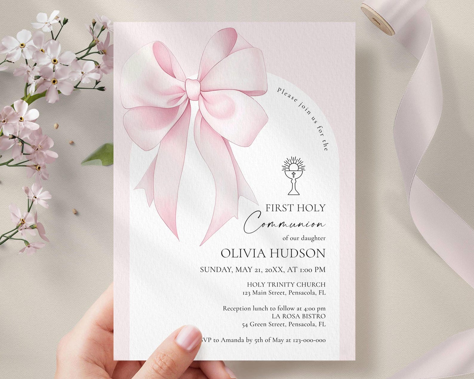 Pink Bow First Holy Communion Invitation Template • INSTANT DOWNLOAD ...