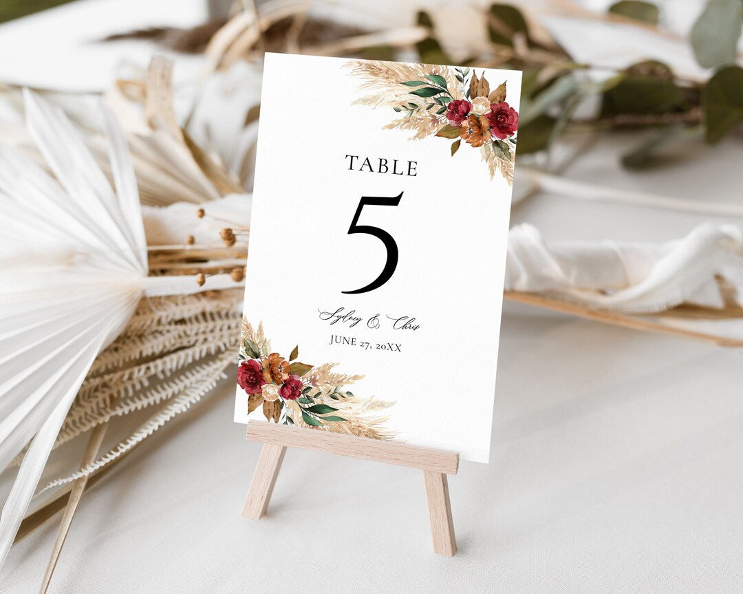 Burgundy, Terracotta and Emerald Green Table Numbers Template, Table ...