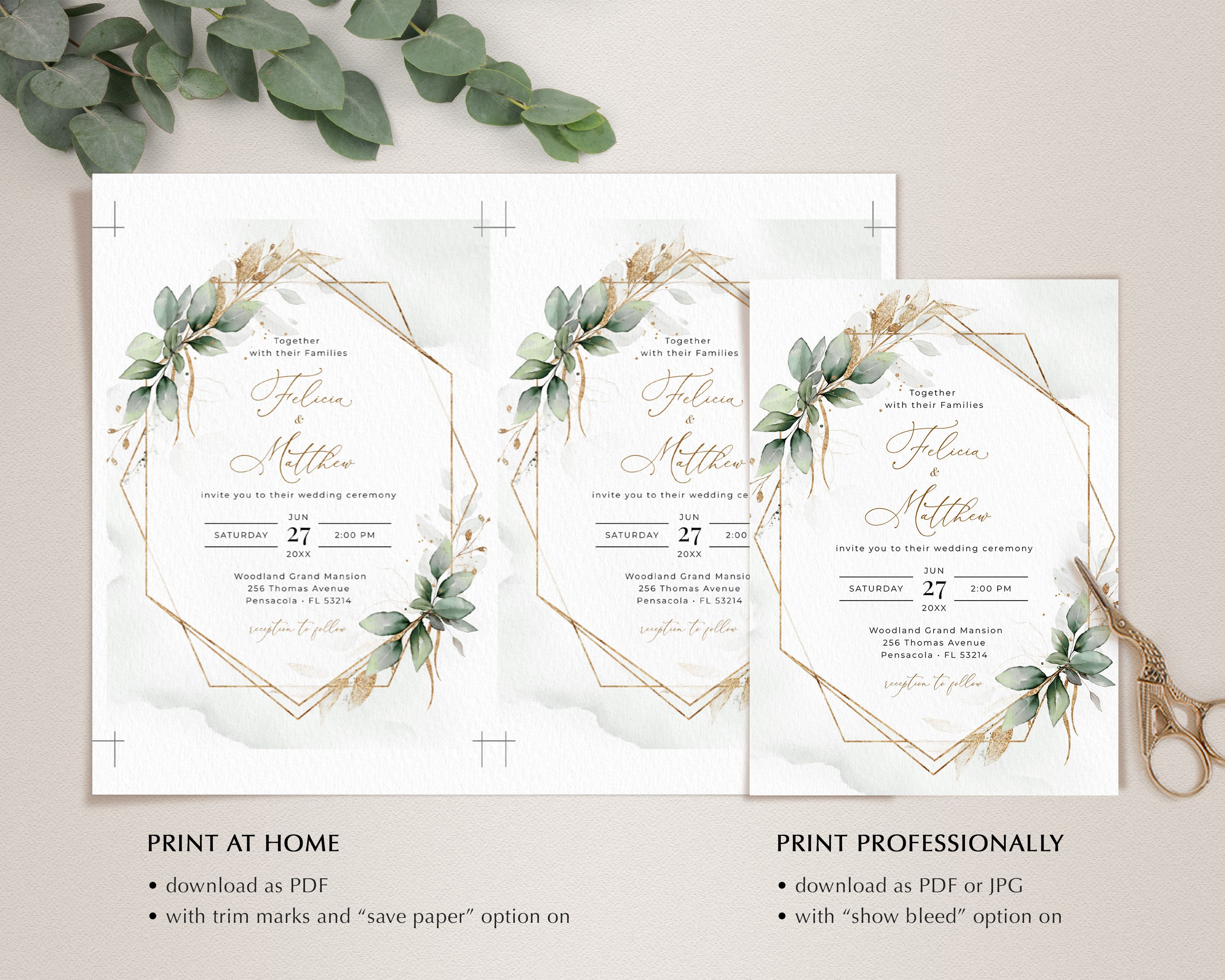 Greenery Wedding Invitation Template Geometric Invitation - Etsy UK