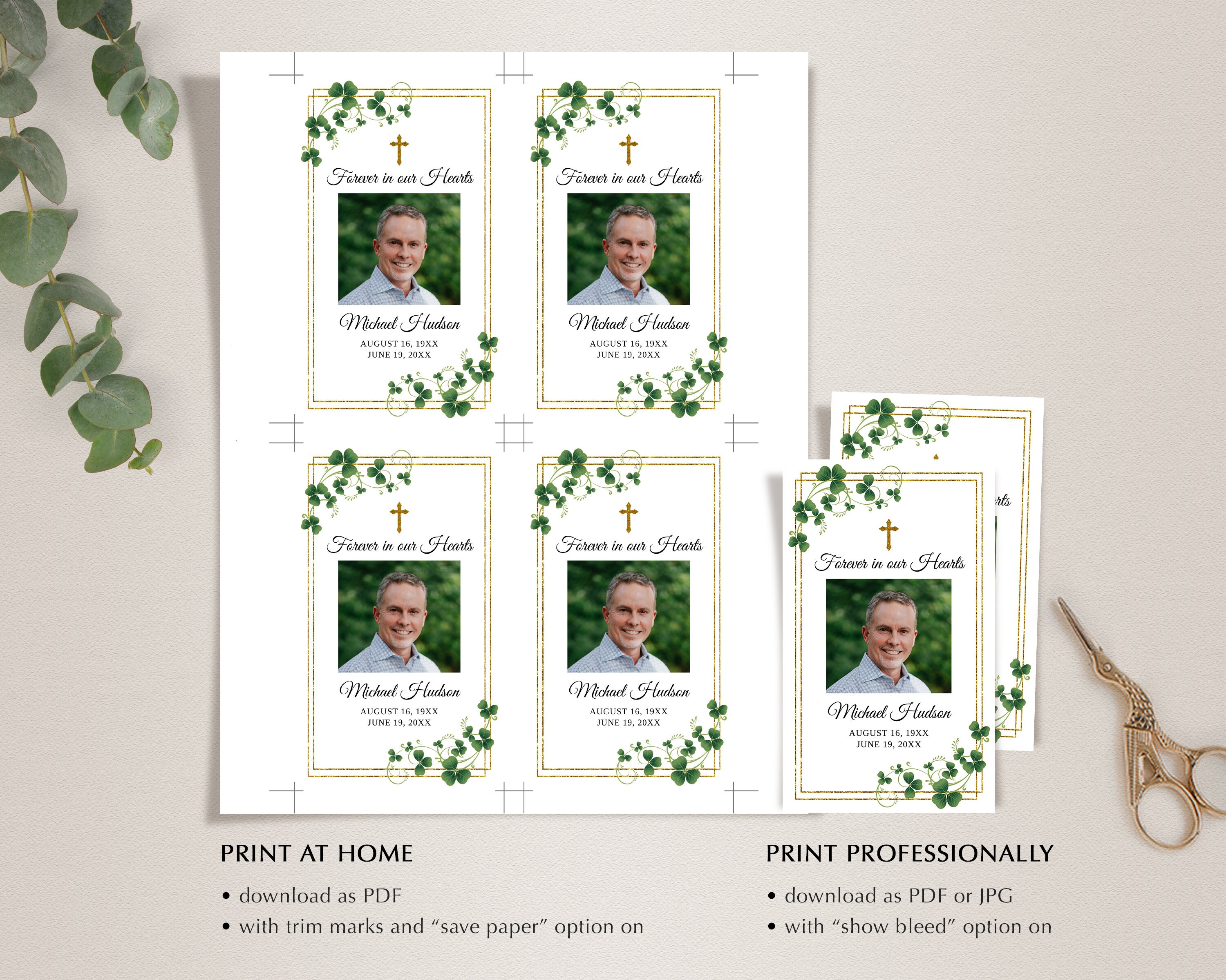 Shamrock Funeral Prayer Card Template, Editable, Printable Template ...