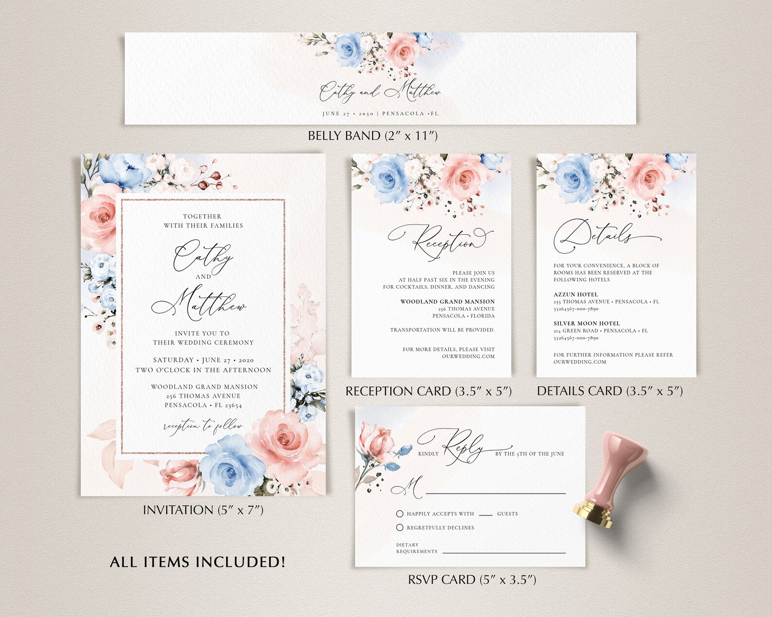 Blue and Blush Pink Wedding Invitation Template Set, Wedding Invite ...