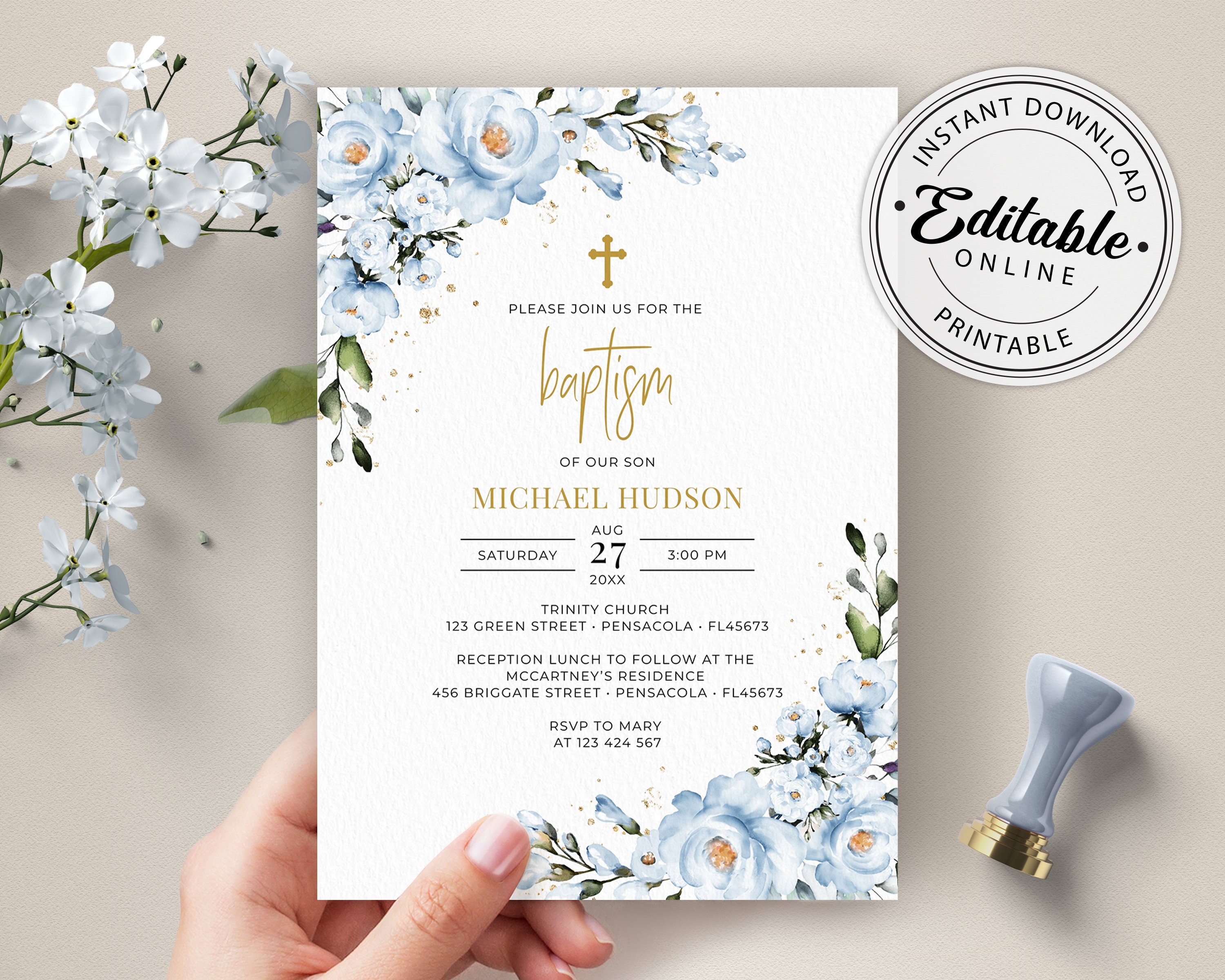 Blue Baptism Invitation Template Printable First Holy | Etsy