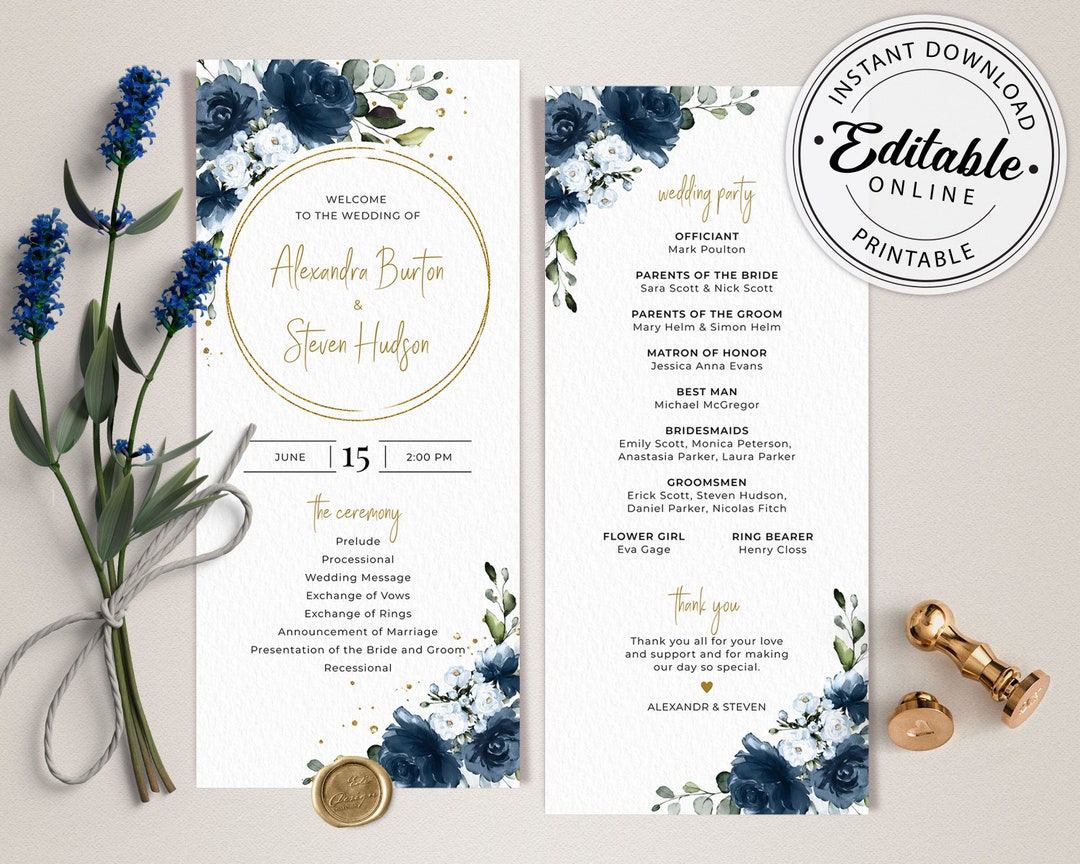Wedding Program Template With Navy Blue Roses • INSTANT DOWNLOAD ...