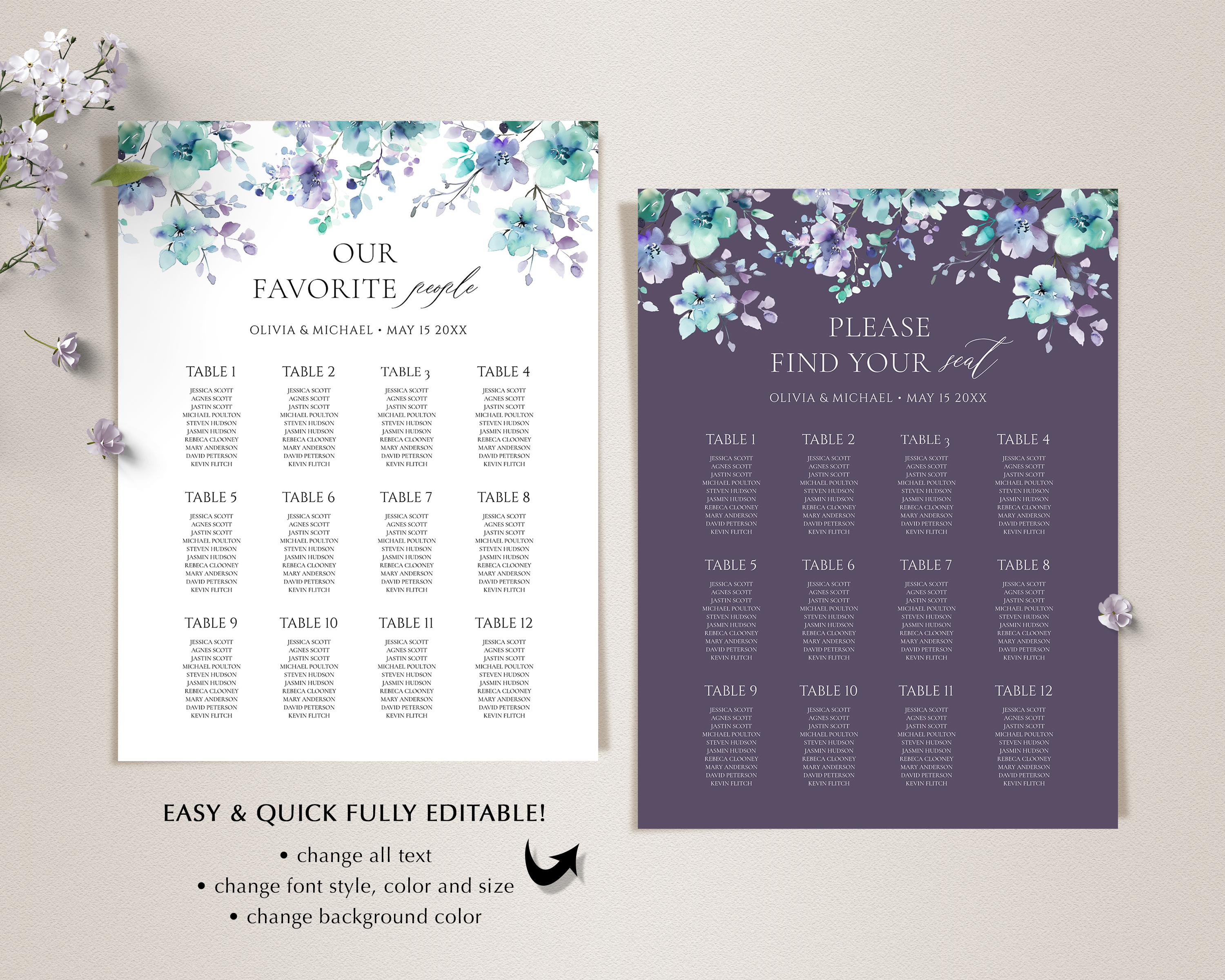 Teal and Lavender Seating Chart Template, Tables Arrangement Sign ...