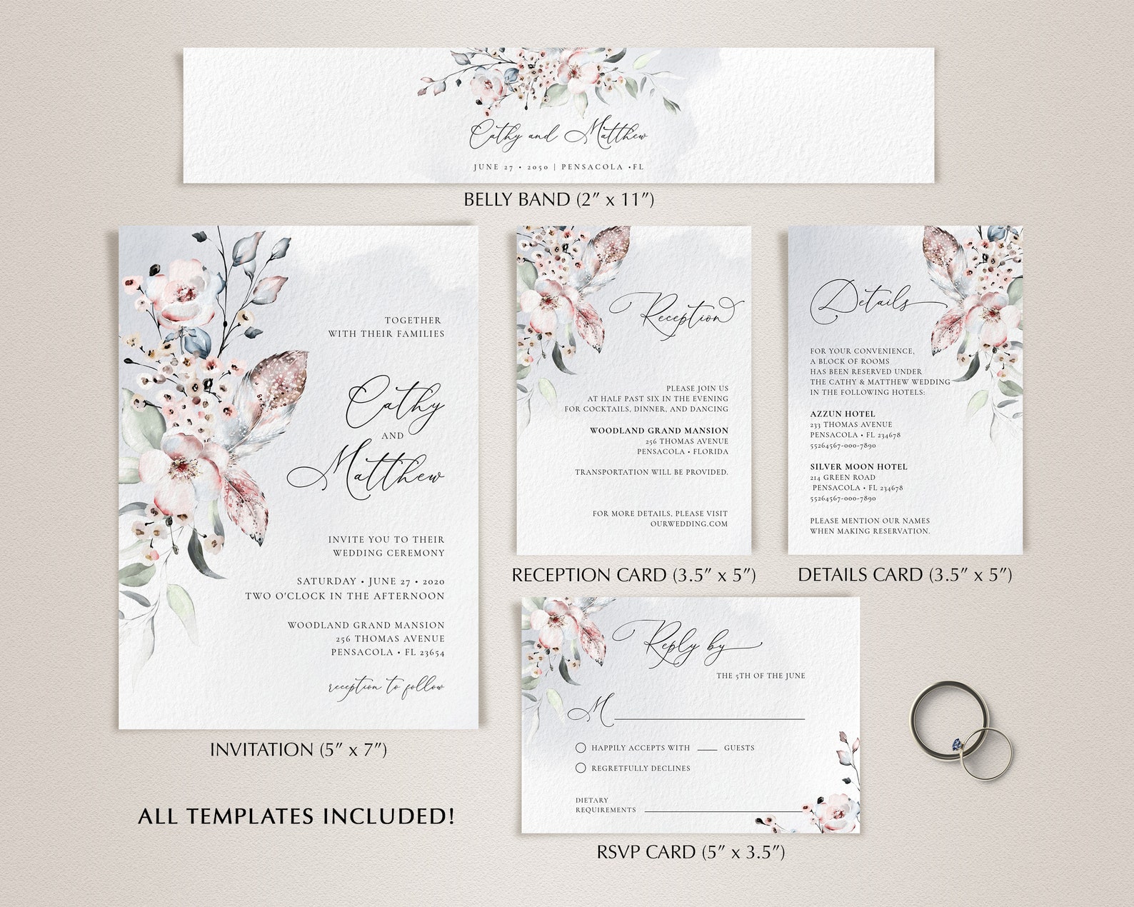 Boho Rustic Wedding Invitation Template Suite Wedding Invite | Etsy