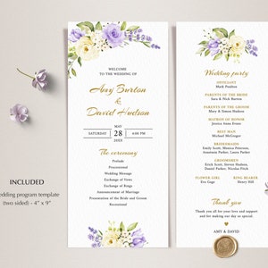 Lavender and Pale Yellow Wedding Program Template, Wedding Order of ...