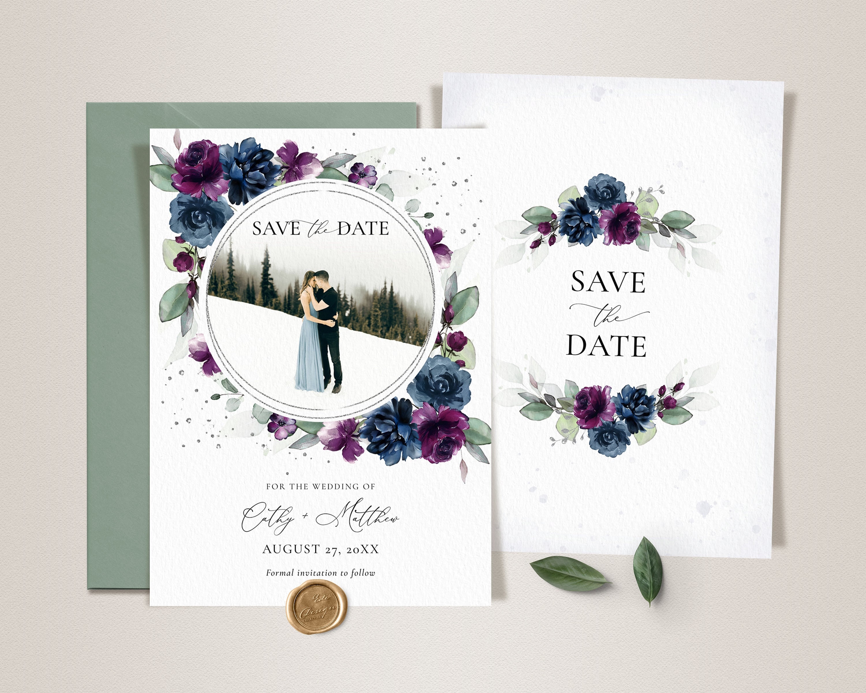 Purple and Navy Blue Wedding Save the Date Template INSTANT | Etsy