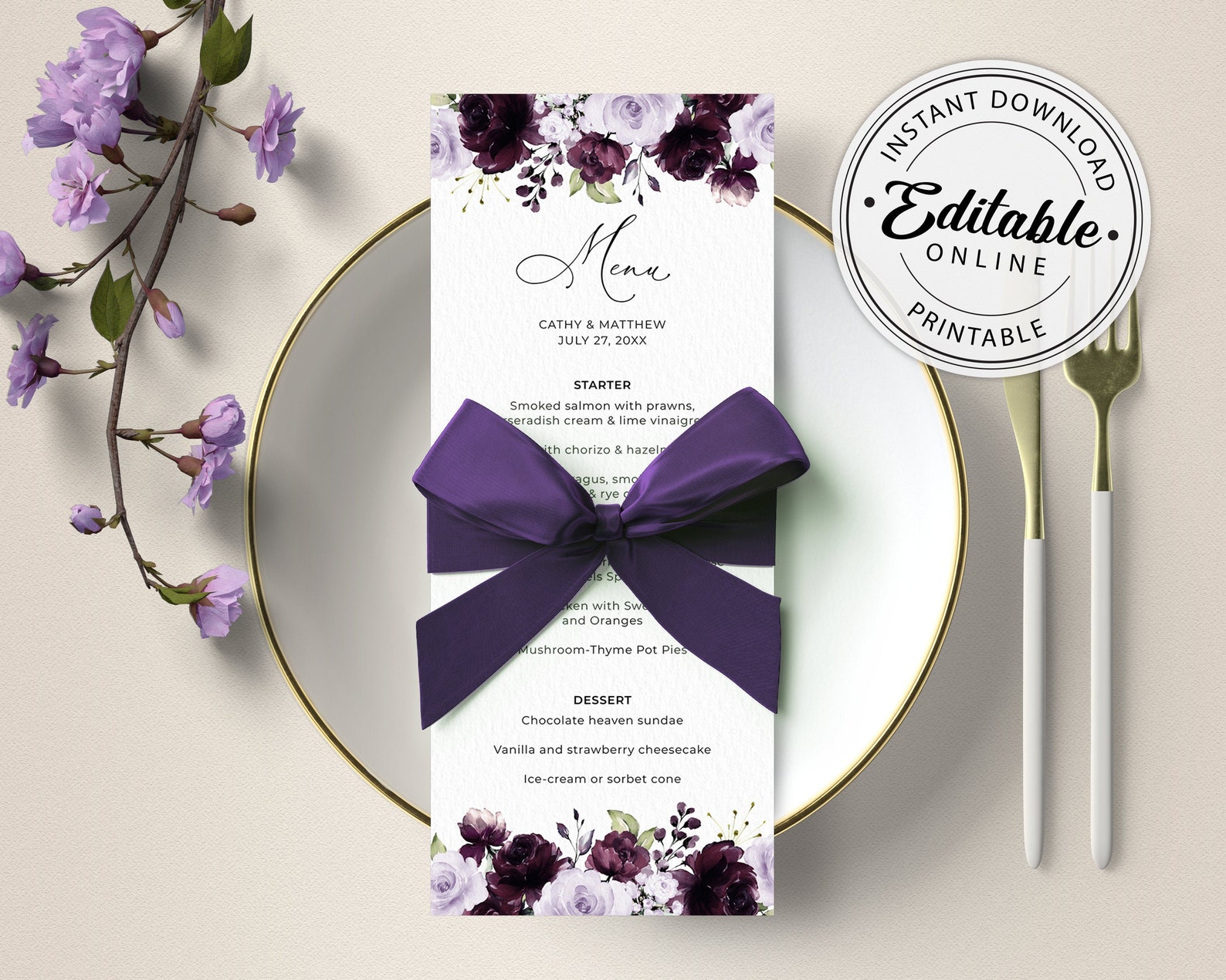 Purple Menu Template wedding Bridal Shower Dinner Brunch | Etsy UK
