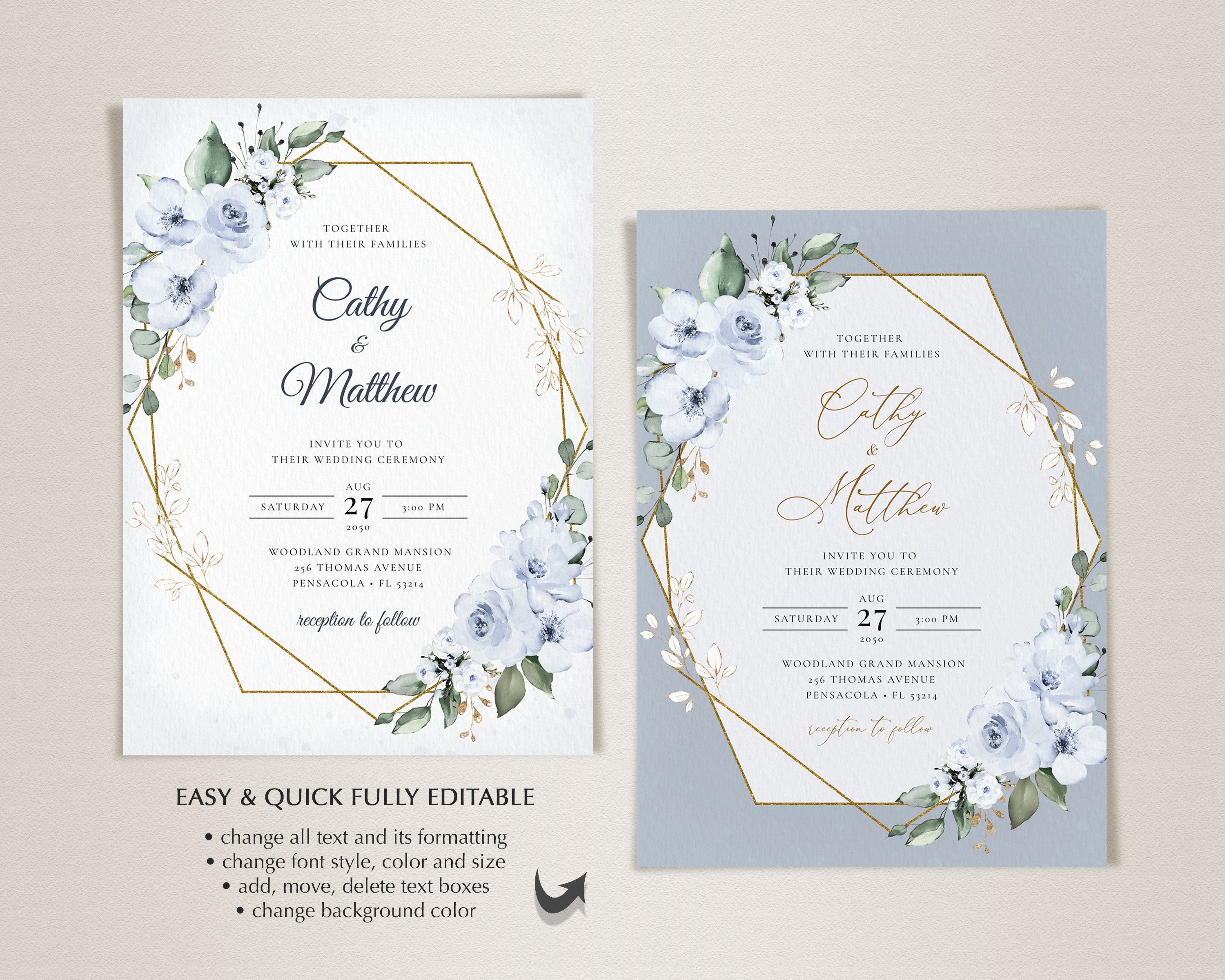 Dusty Blue Wedding Invitation Template Set Wedding Invite | Etsy