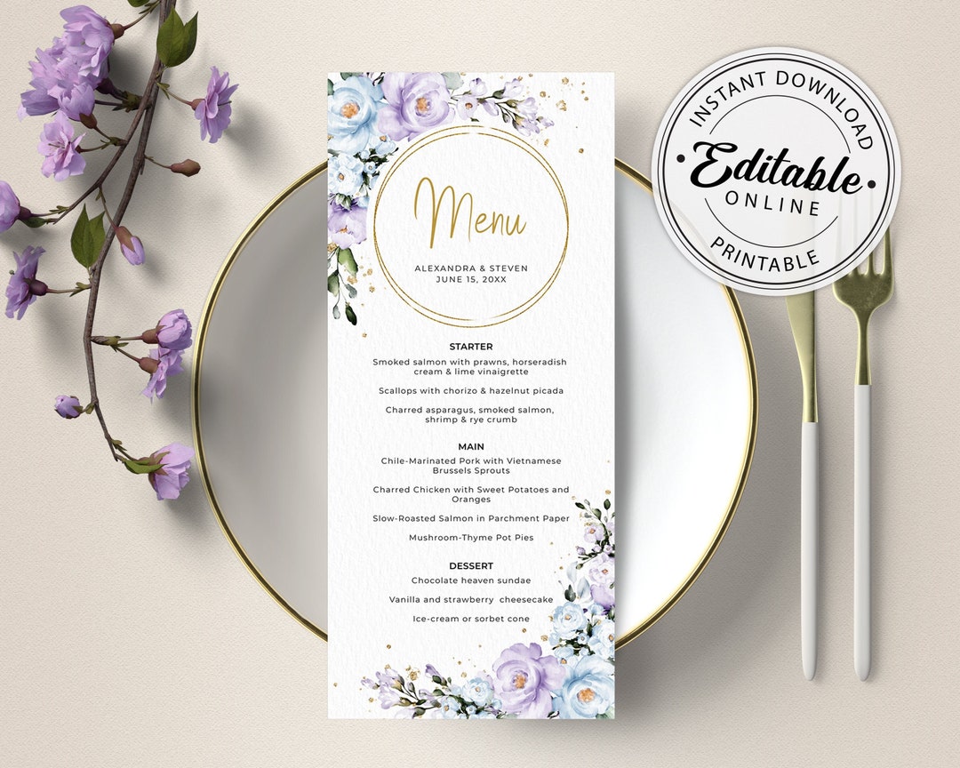 Lavender and Blue Menu Template (wedding, Bridal Shower, Dinner, Brunch ...