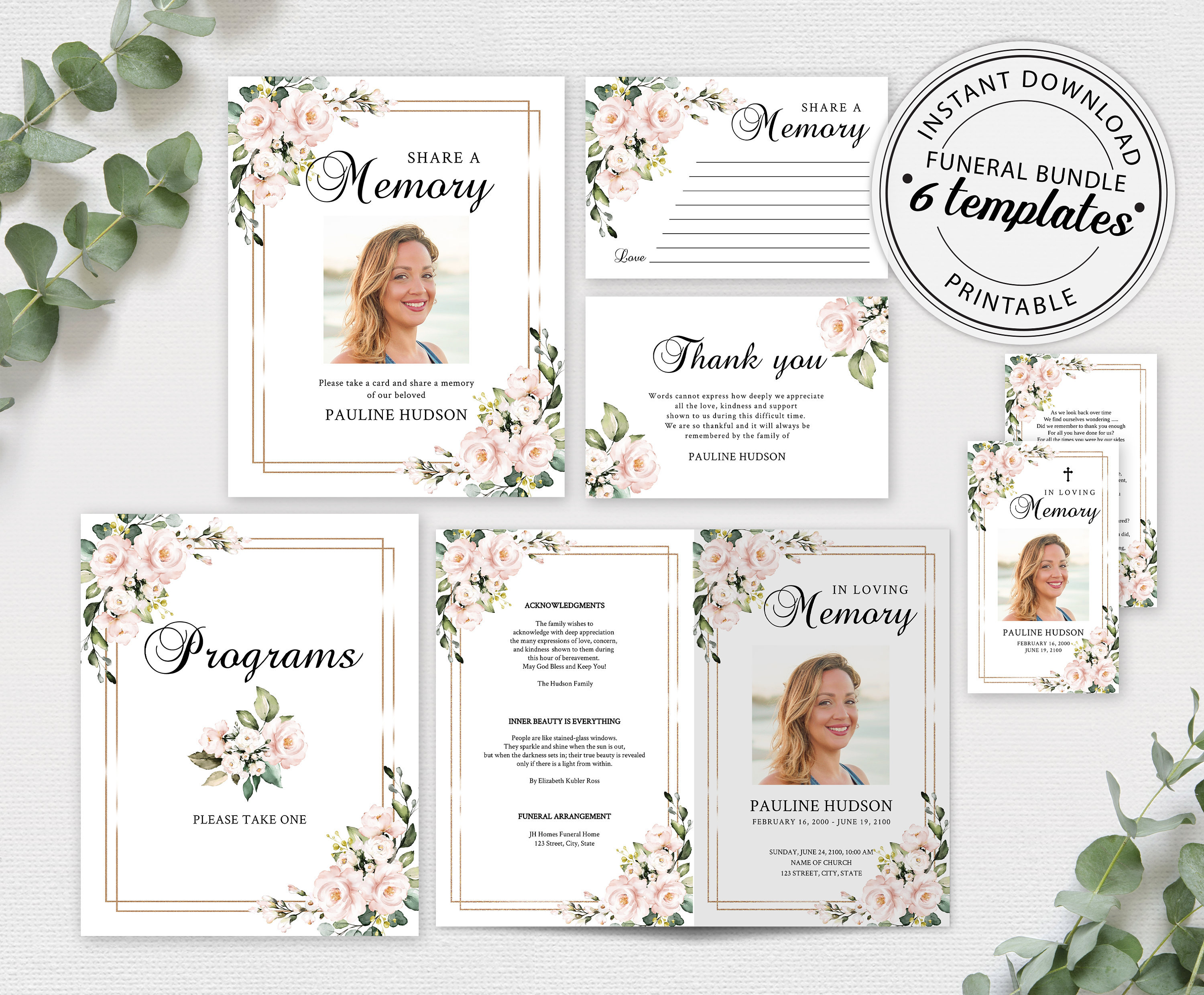 Funeral Templates Bundle With Blush Pink Roses Printable | Etsy
