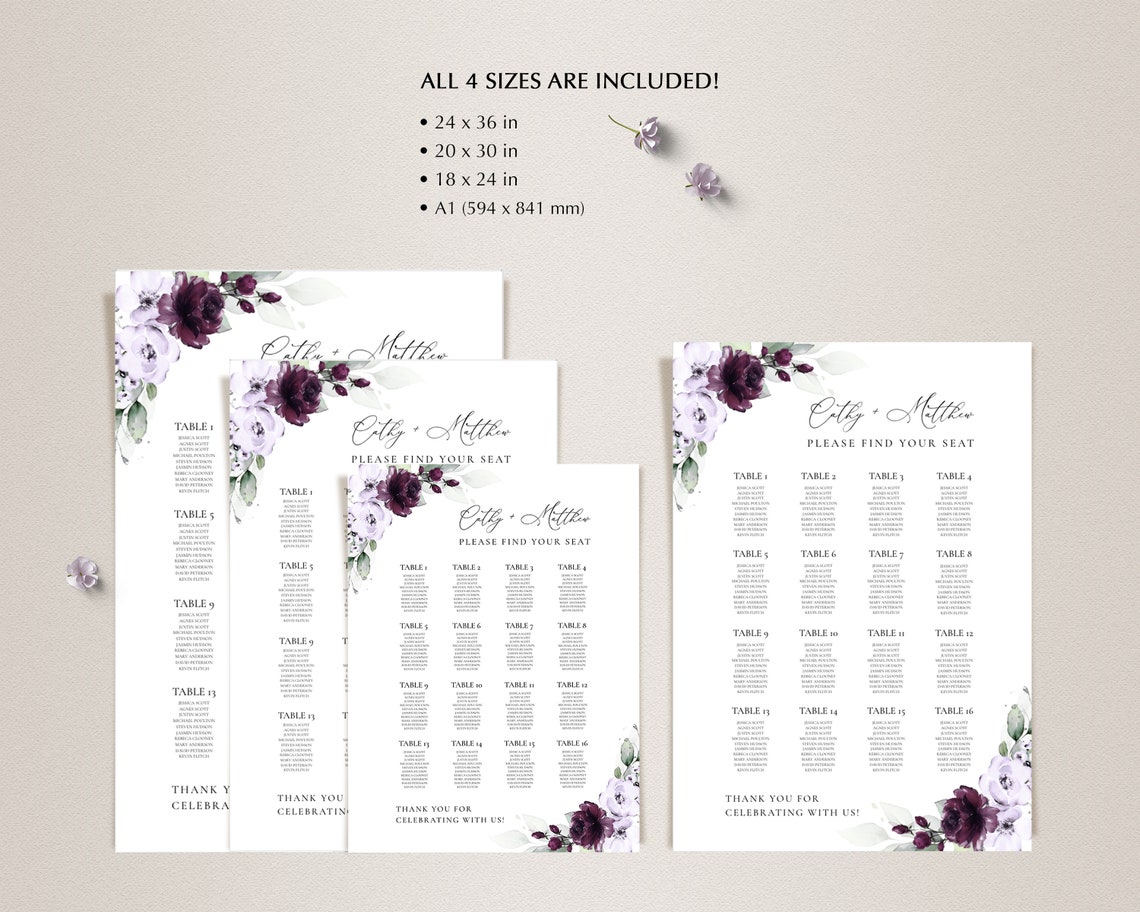 Lavender and Purple Wedding Seating Chart Template INSTANT - Etsy