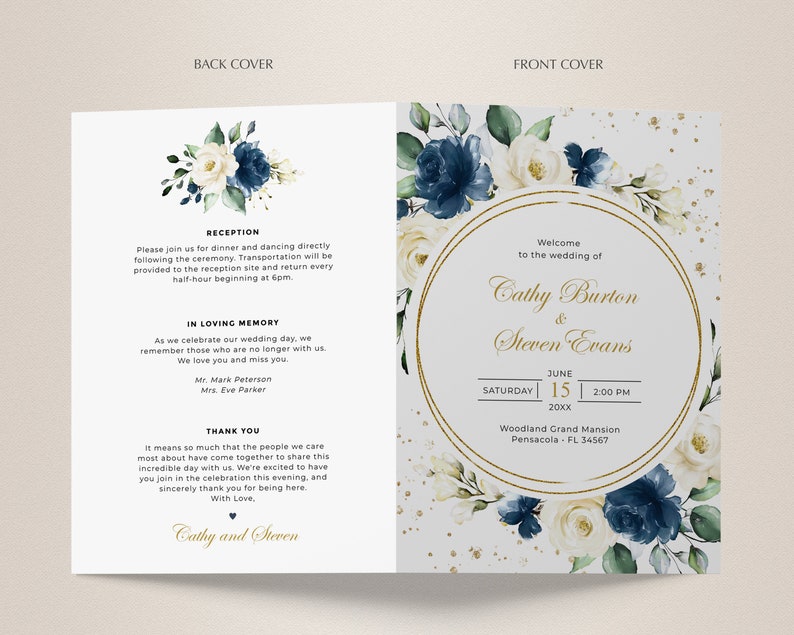 Bi-fold Wedding Program Template With Ivory and Blue Roses - Etsy