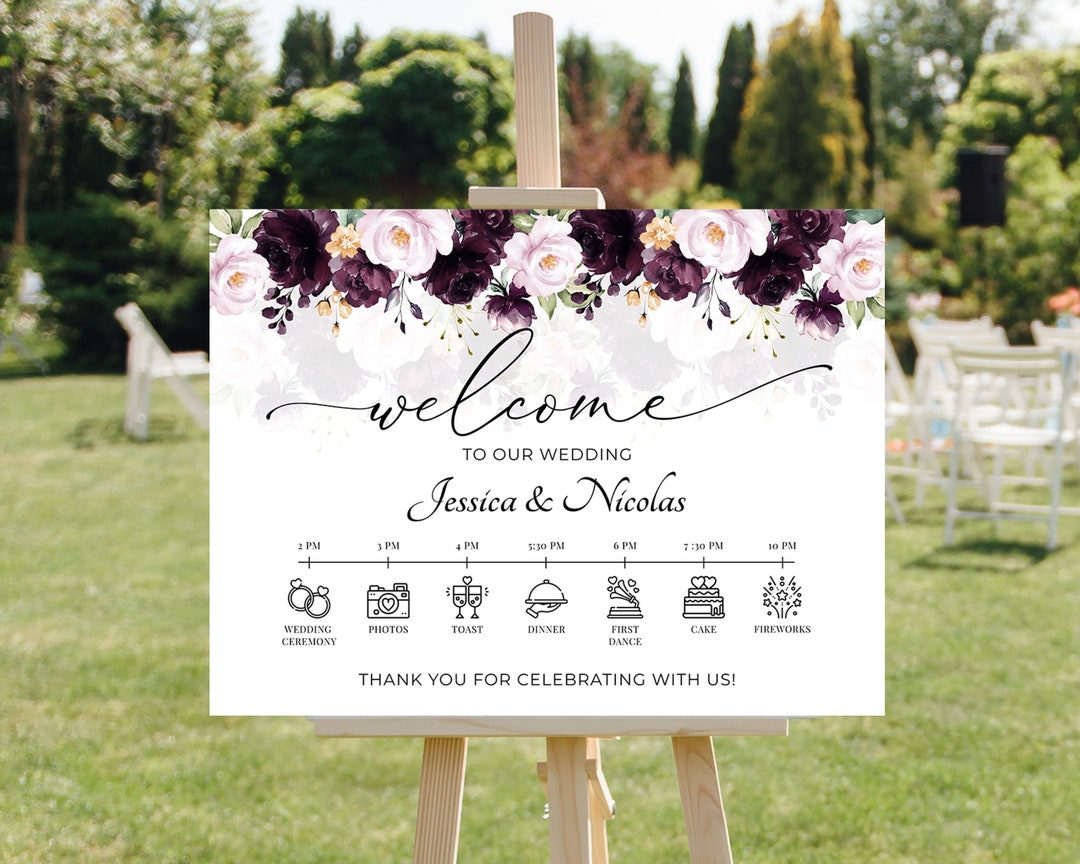 Purple Wedding Timeline Sign Template, Wedding Day Schedule Template ...